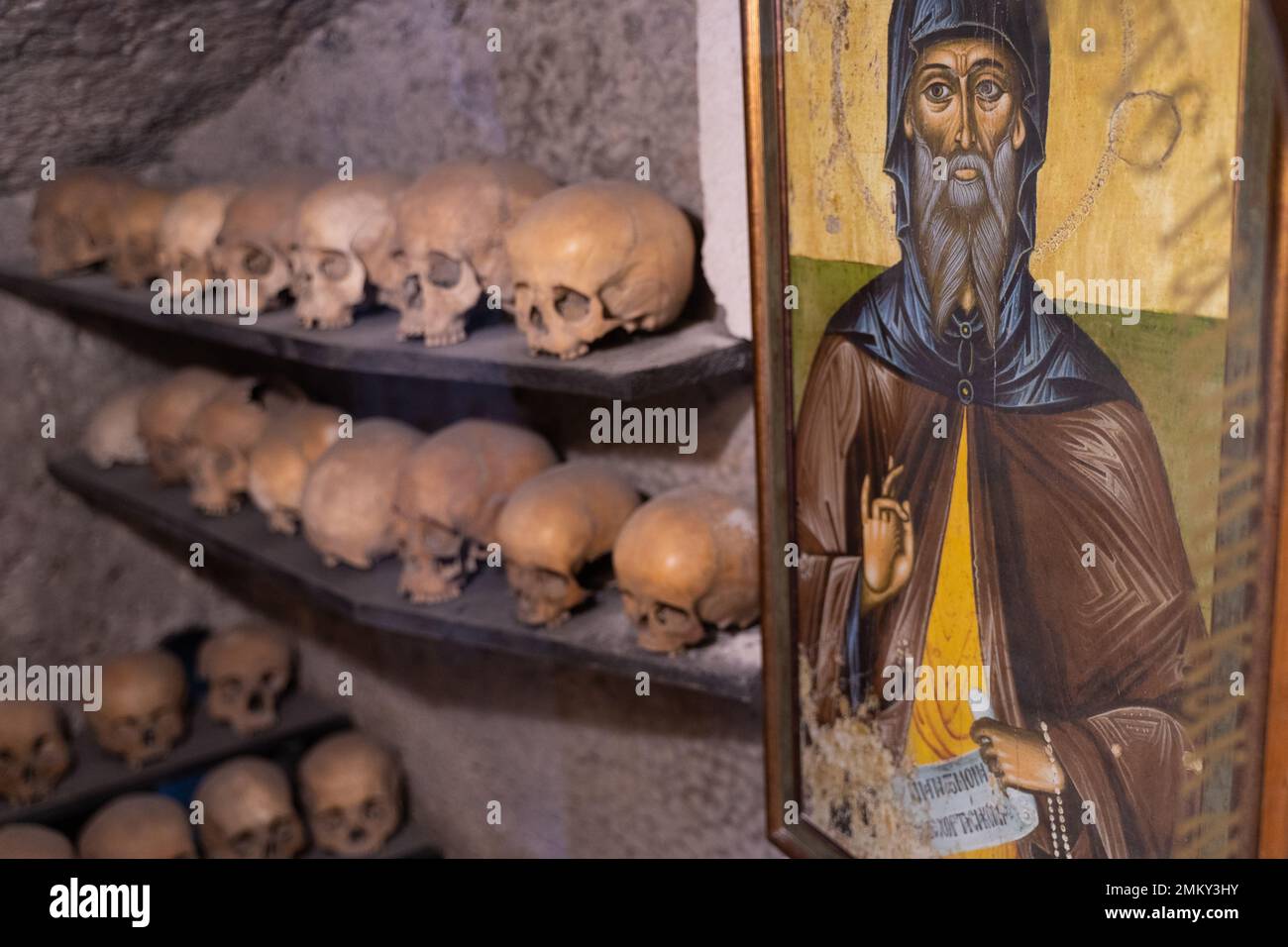 CRIMEA, UKRAINE -AUGUST 21, 2019: many skulls are human laid out in ...