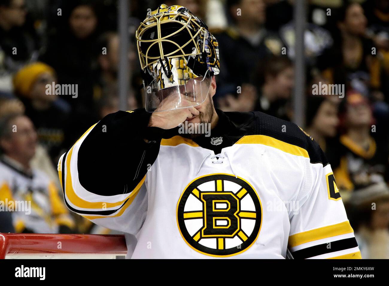 Boston Bruins goaltender Jaroslav Halak reacts after allowing a second ...
