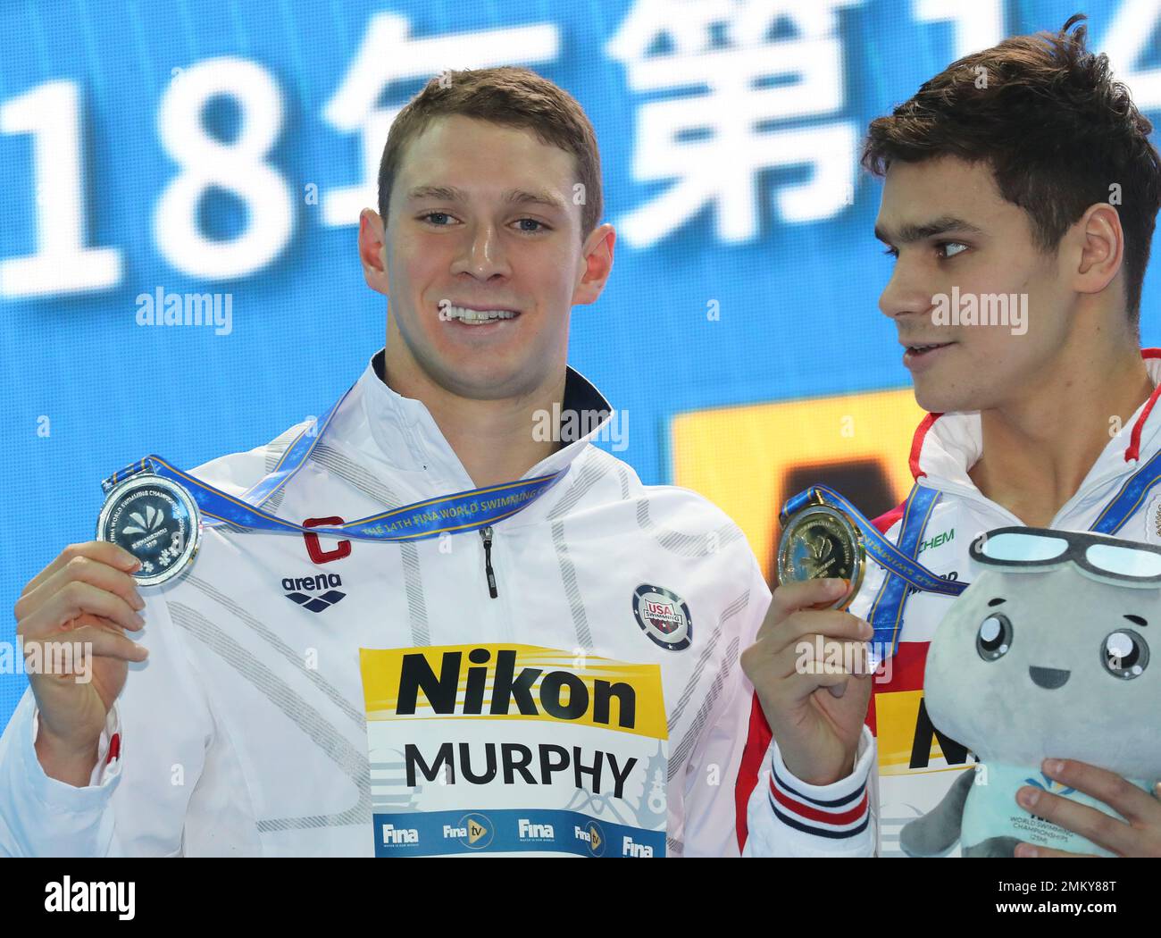 Silver medalist USA's Ryan Murphy, left and gold medalist Russia's ...