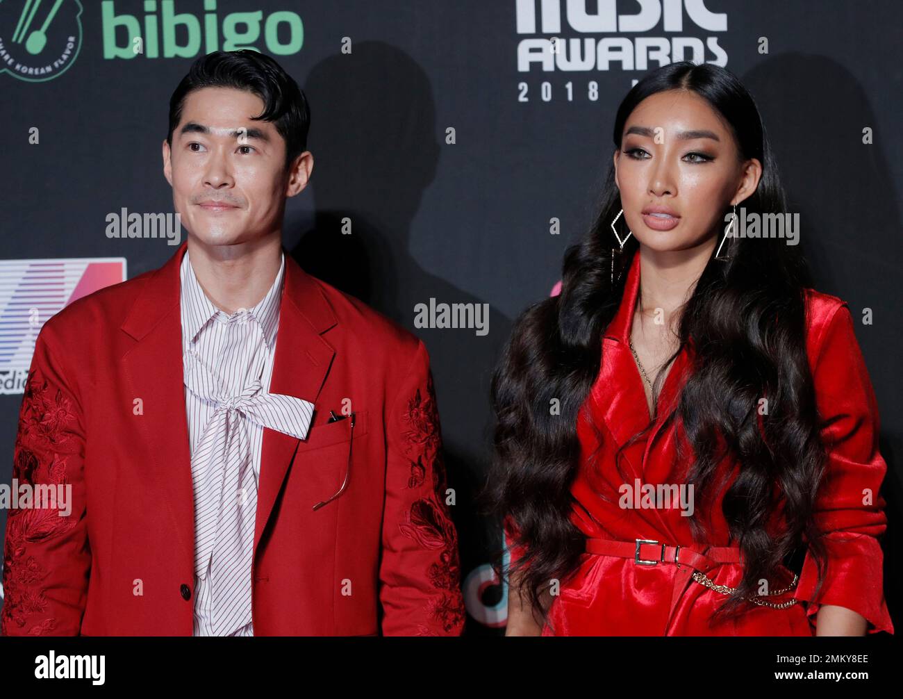 South Korean model-actor Bae Jung-nam, left, and model Moon Gabi pose ...