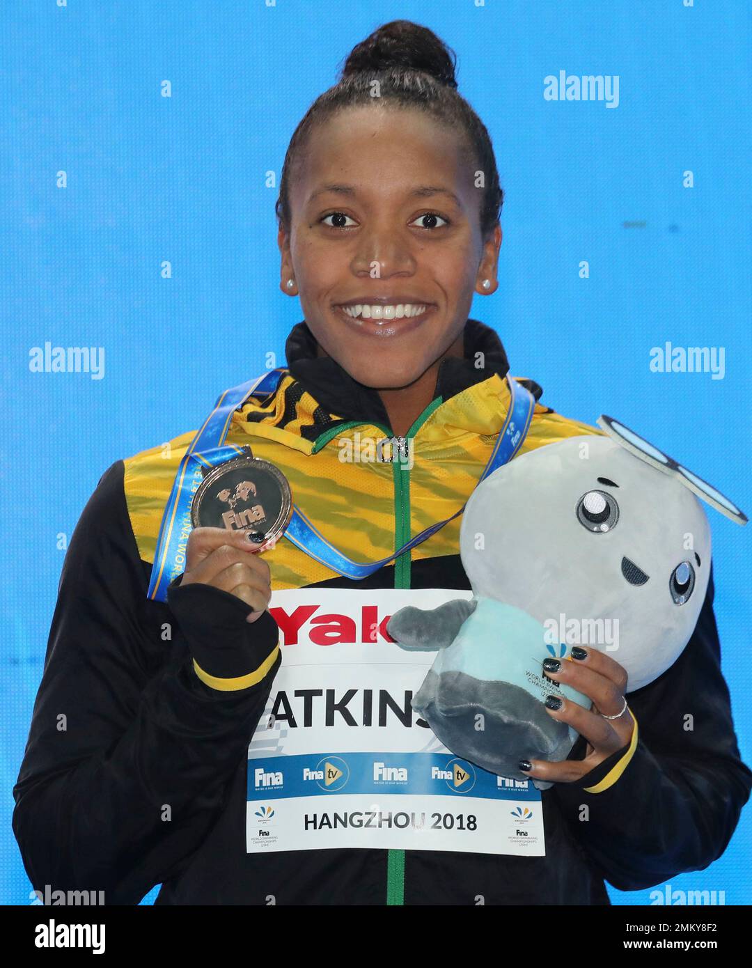 Bronze medalist Jamaica's Alia Atkinson holds her medal during ...