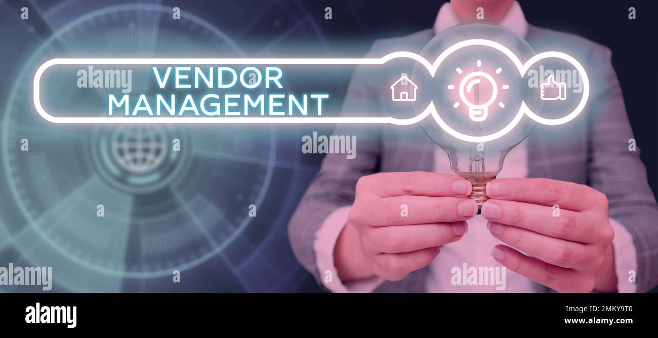 Hand writing sign Vendor Management. Concept meaning activities ...