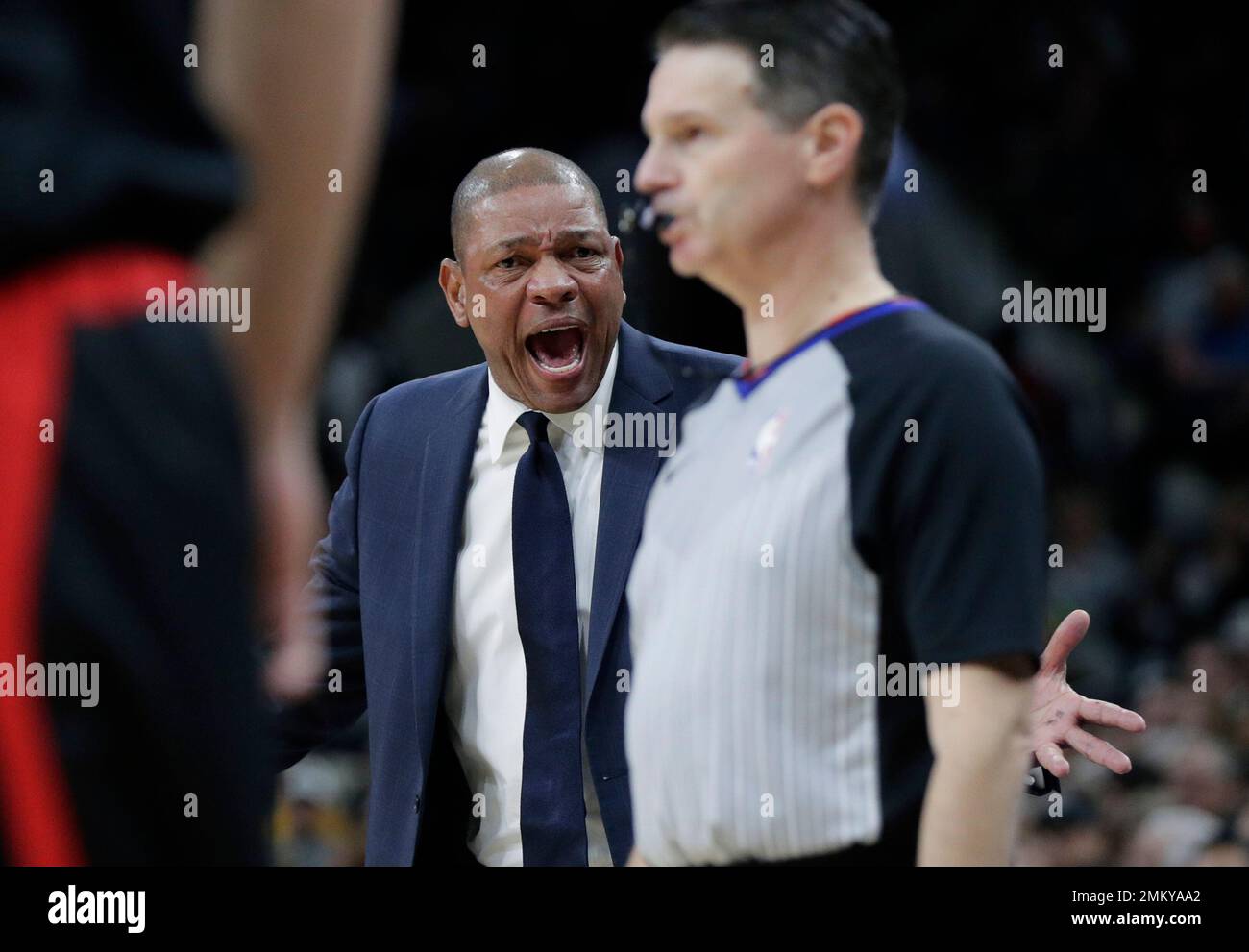Los Angeles Clippers head coach Doc Rivers argues a call during the ...