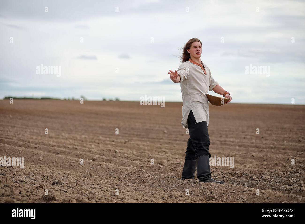 A young peasant of the Scandinavian appearance sows the field with ...