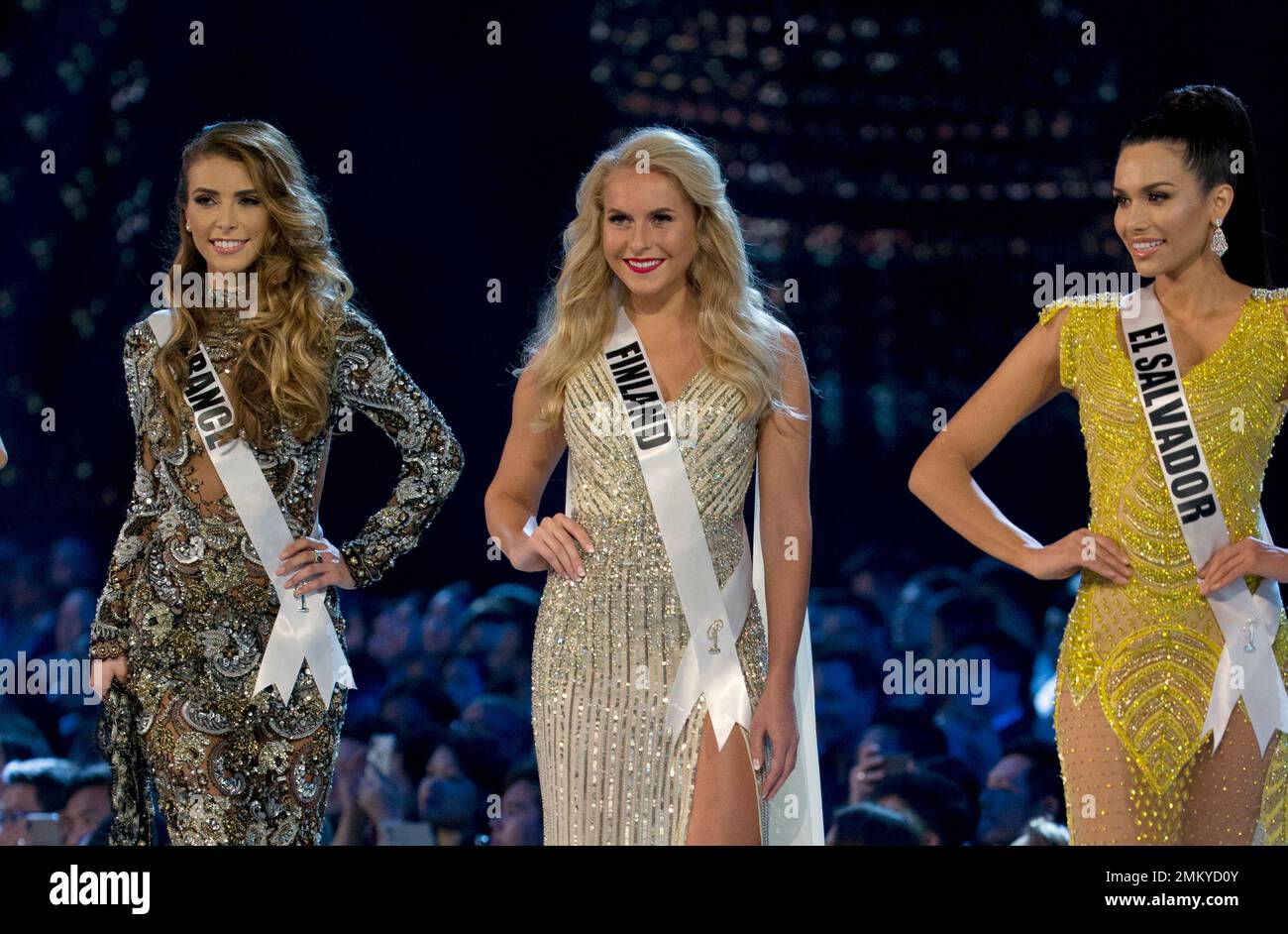 Miss France Eva Colas, left, Miss Finland Alina Voronkova, center and ...