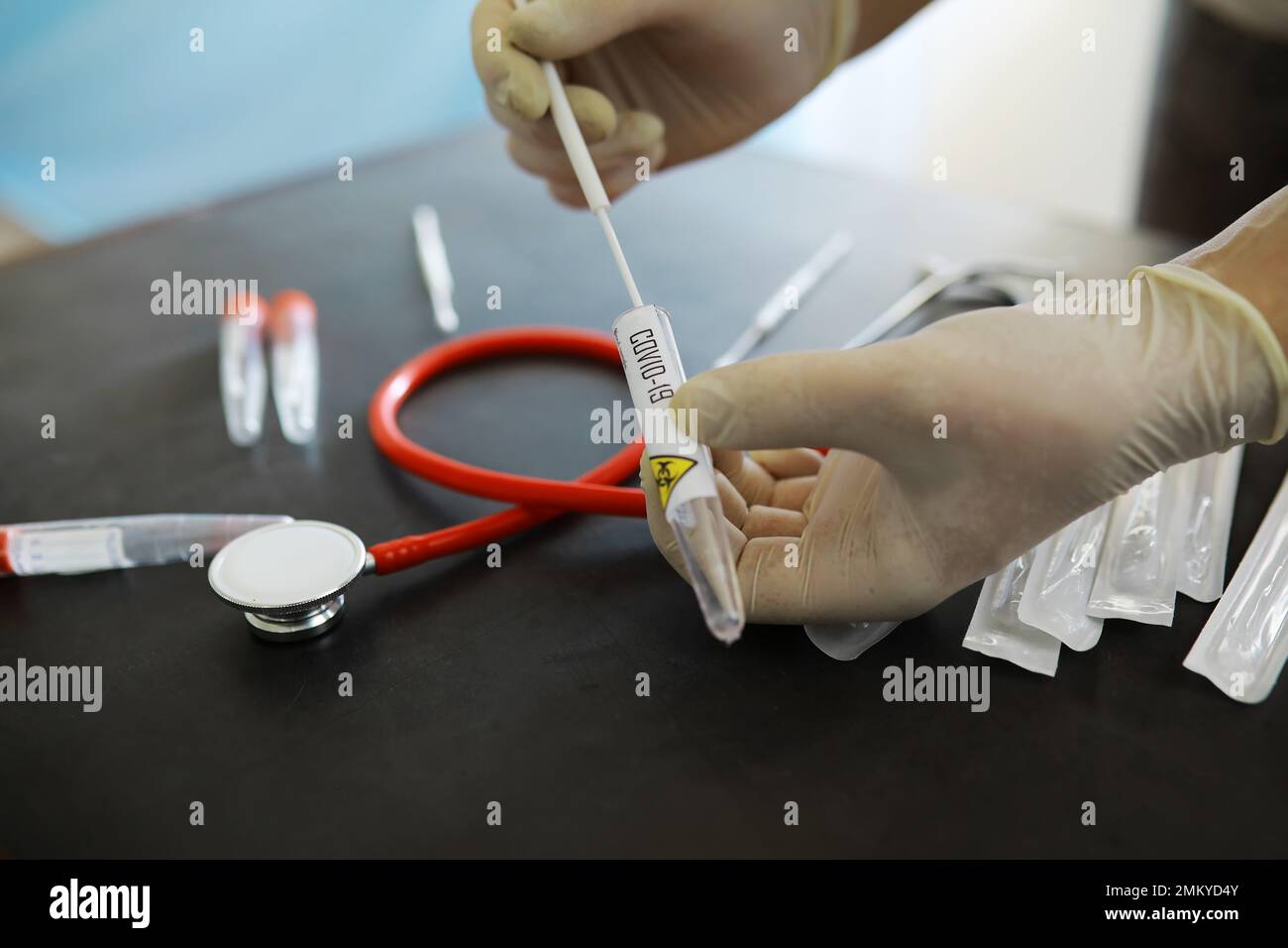 Medical background. Cotton swabs for taking a smear on the table. test ...