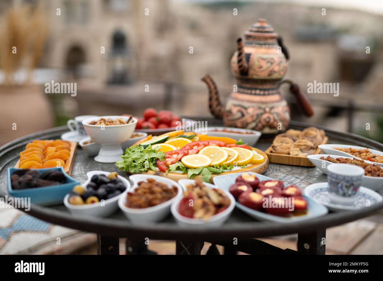 traditional Turkish table with sliced vegetables and fruits Stock Photo ...
