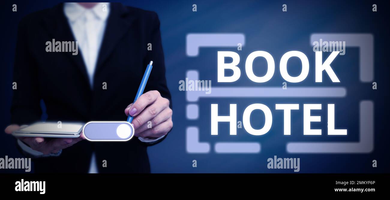Hand writing sign Book Hotel. Word for an arrangement you make to have ...