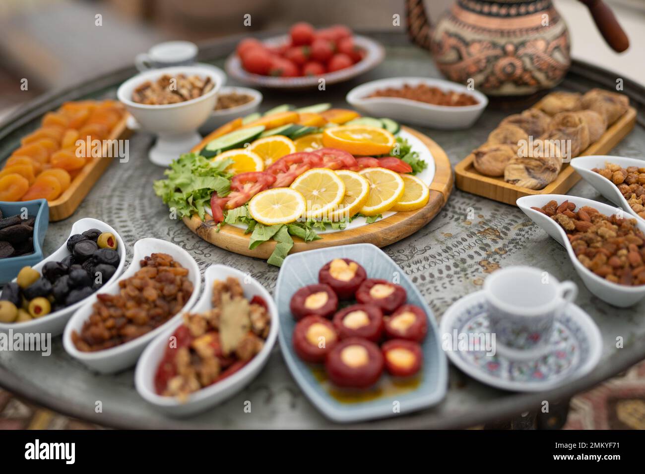 traditional Turkish table with sliced vegetables and fruits Stock Photo ...