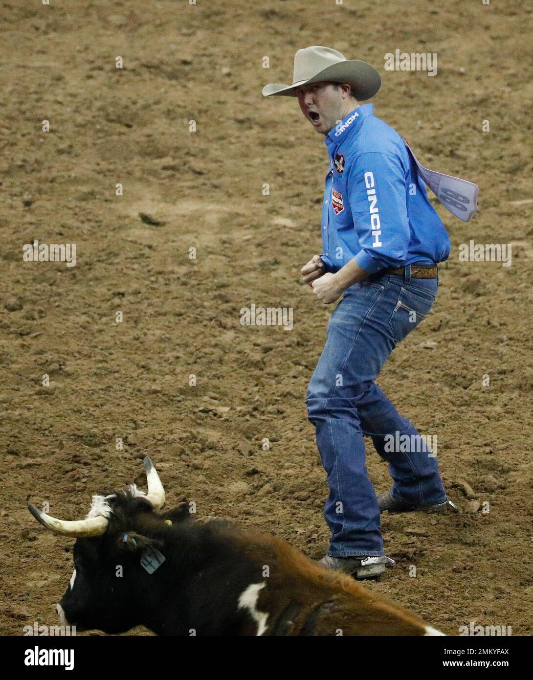Tyler Waguespack, of Gonzales, La., celebrates after competing in the ...