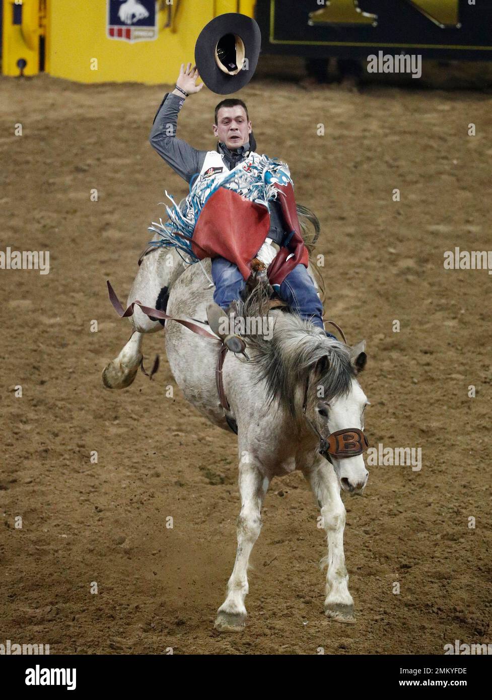 Tim O'Connell, of Zwingle, Iowa, competes in the bareback riding event ...