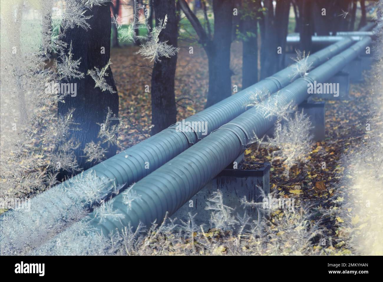 Metal pipes on the street. pipes from the pipeline. gas pipeline for ...