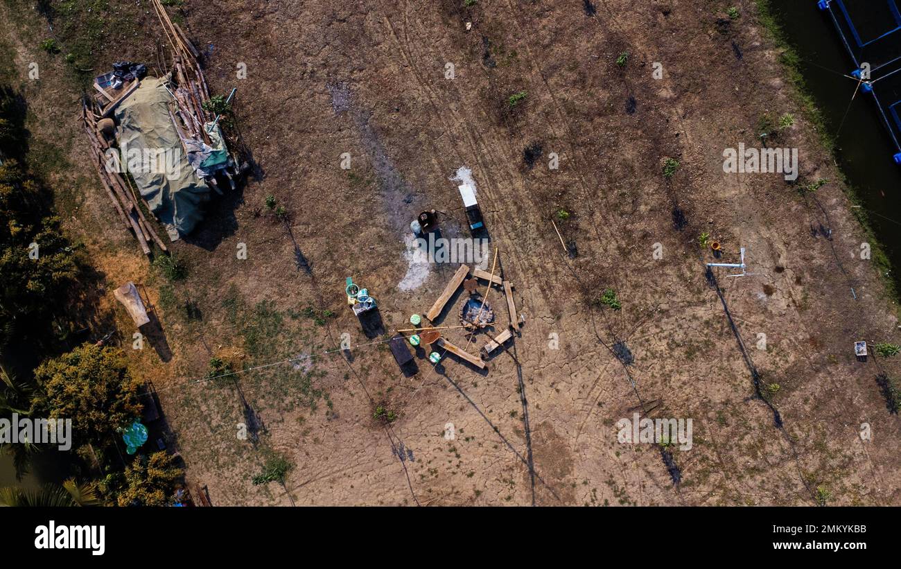 Top view from drone of campground and campfires for rural tourism ...