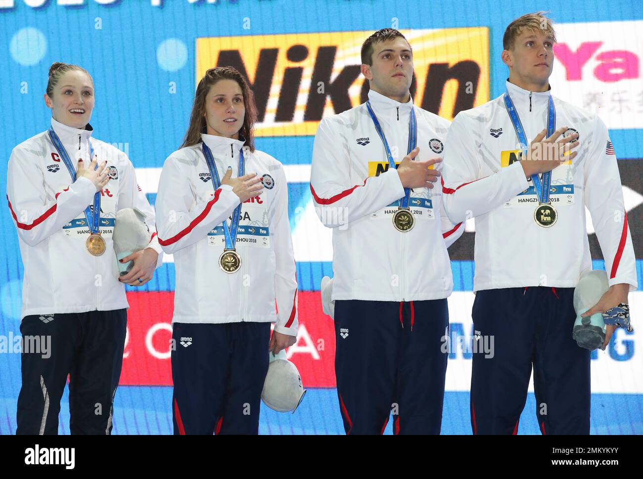 Gold medalist and new world record holder USA's, from left, Kelsi ...
