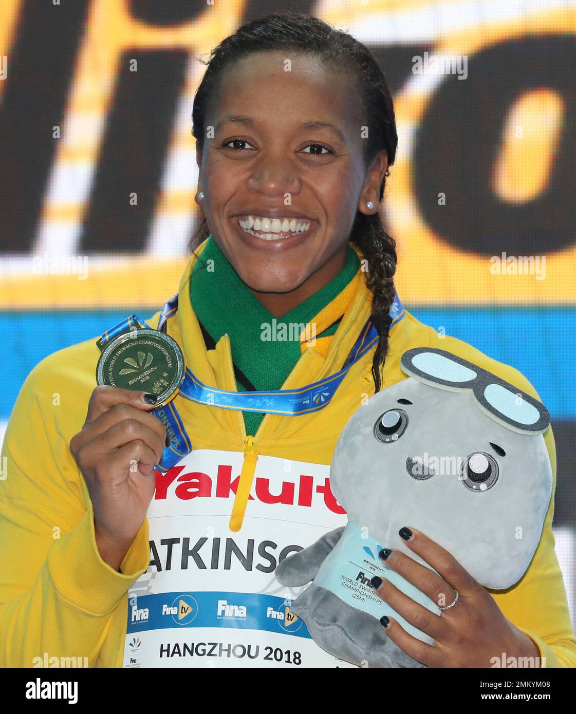 Gold medalist Jamaica's Alia Atkinson smiles during ceremonies at the ...