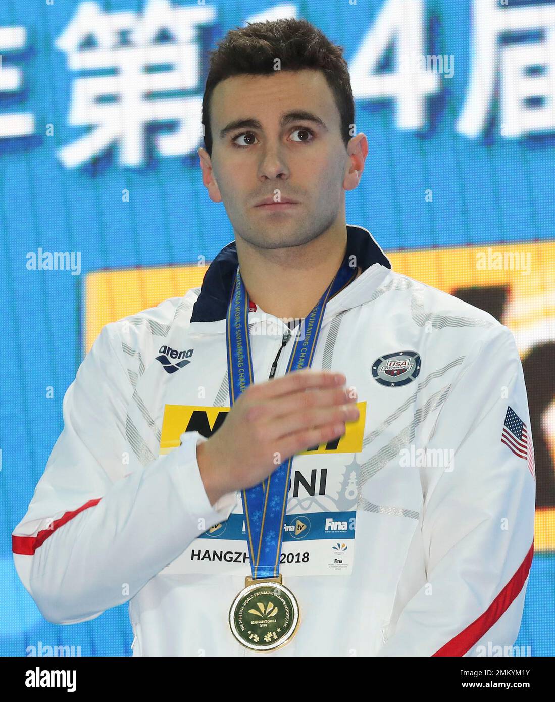 Gold medalist USA's Blake Pieroni looks during ceremonies for the men's ...