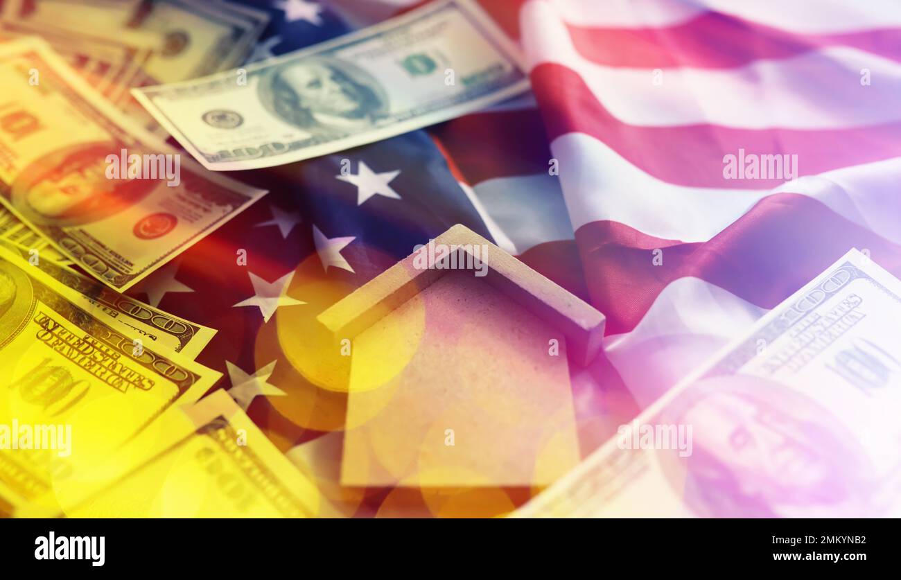 House symbol on American flag. Mortgage credit lending. Housing safety ...