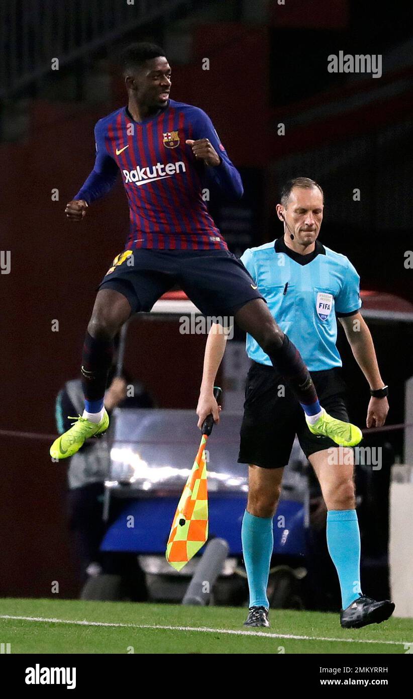 Barcelona forward Ousmane Dembele celebrates after scoring the opening ...