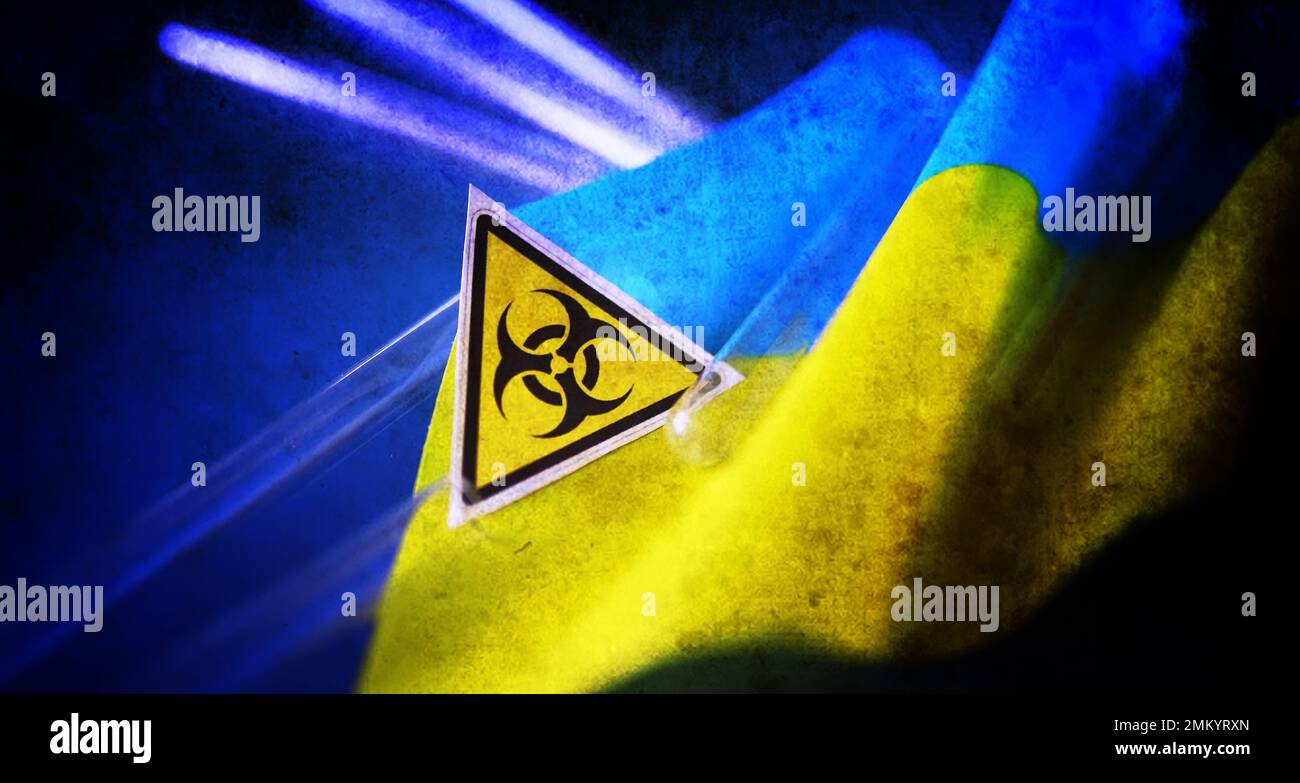 Ukrainian flag biohazard and test tubes. Assistance to Ukraine in ...