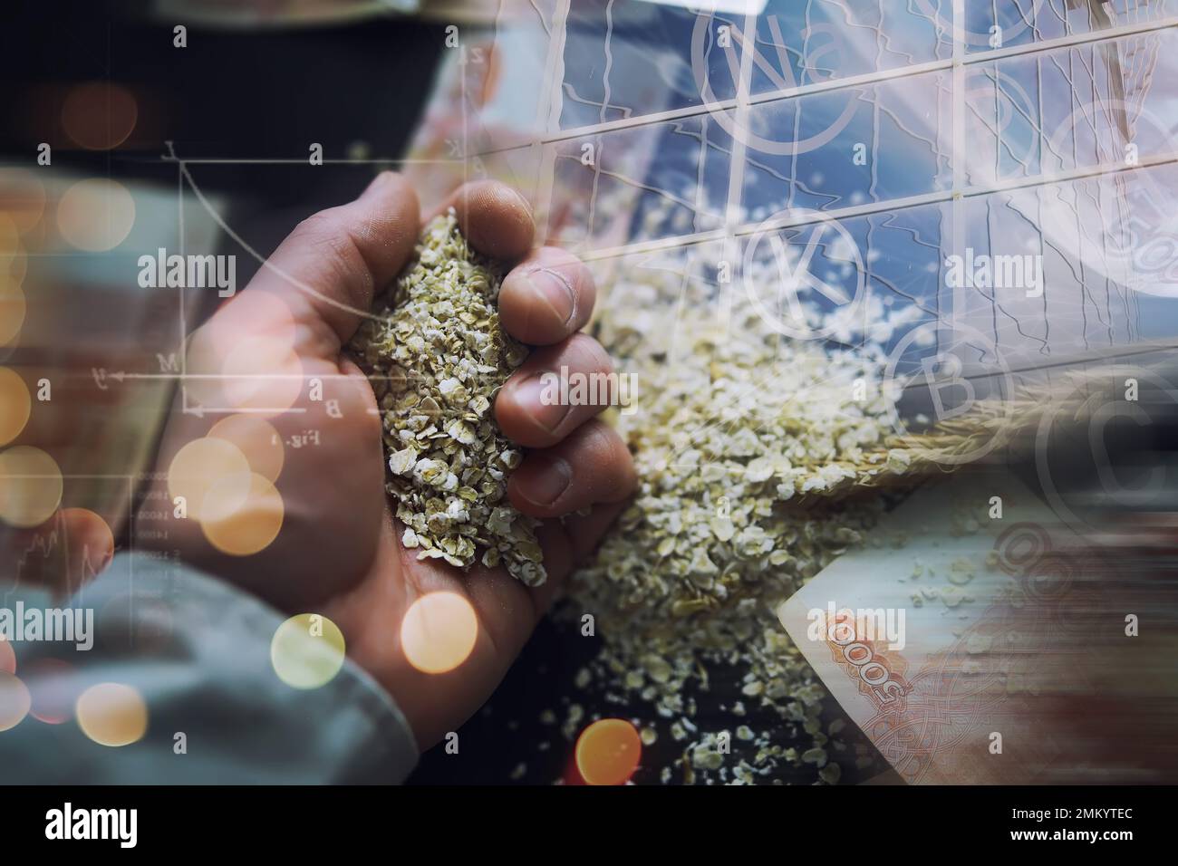 The concept of the cost of grain. 5000 ruble banknotes around a handful ...