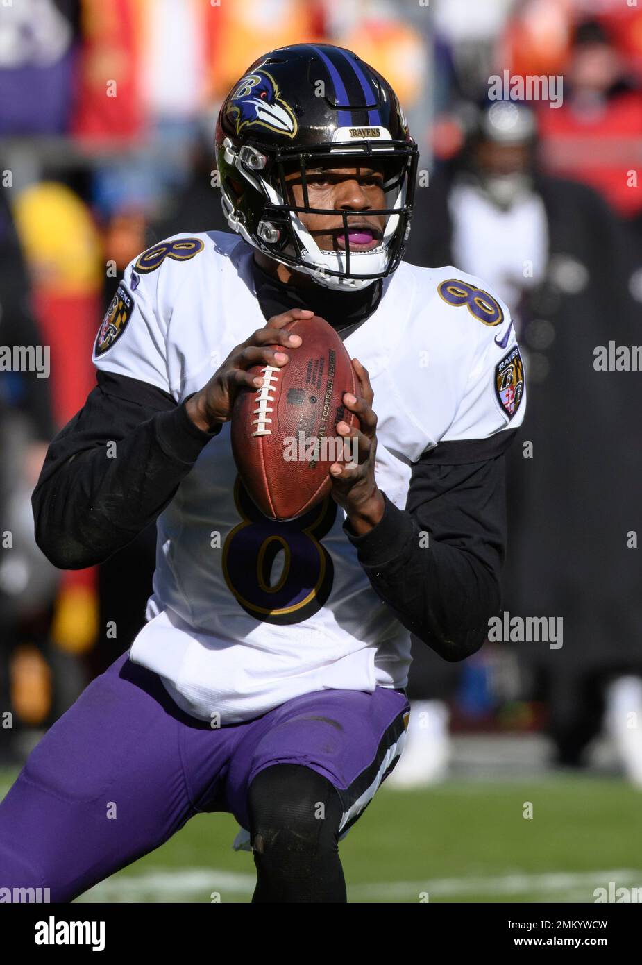 Baltimore Ravens quarterback Lamar Jackson (8) during an NFL football ...