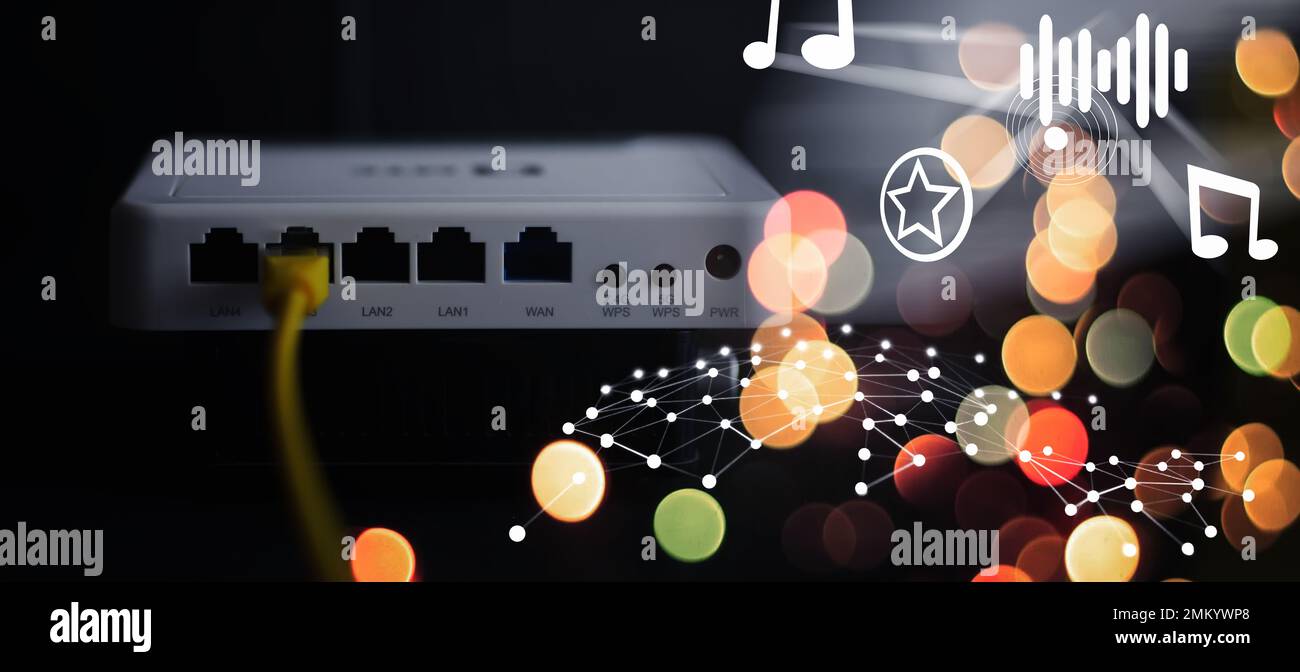 Modern dual band wireless router. Man working in the background. Fast ...