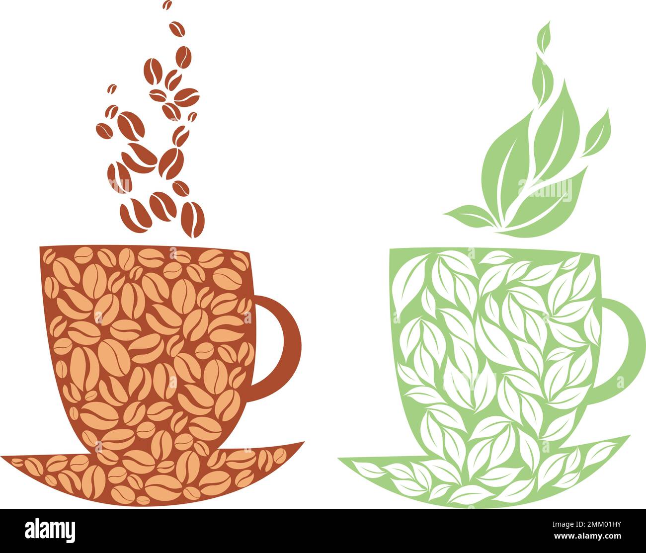 Cups with tea and coffee. Beans and tea leaf silhouettes over the cup ...
