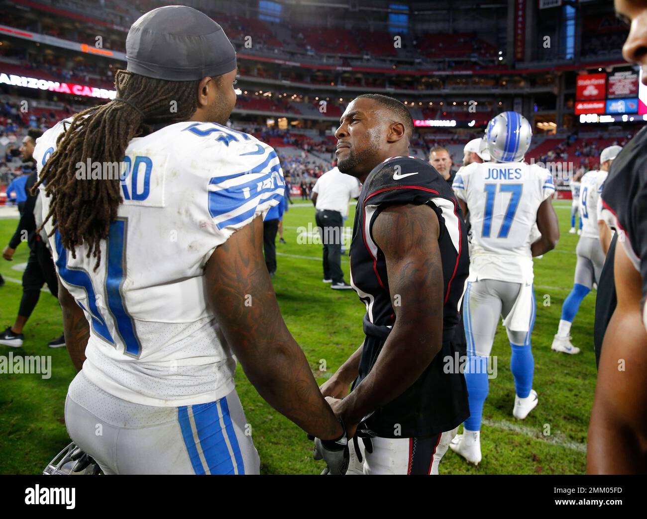 Arizona Cardinals cornerback Patrick Peterson (21) greets Detroit Lions ...