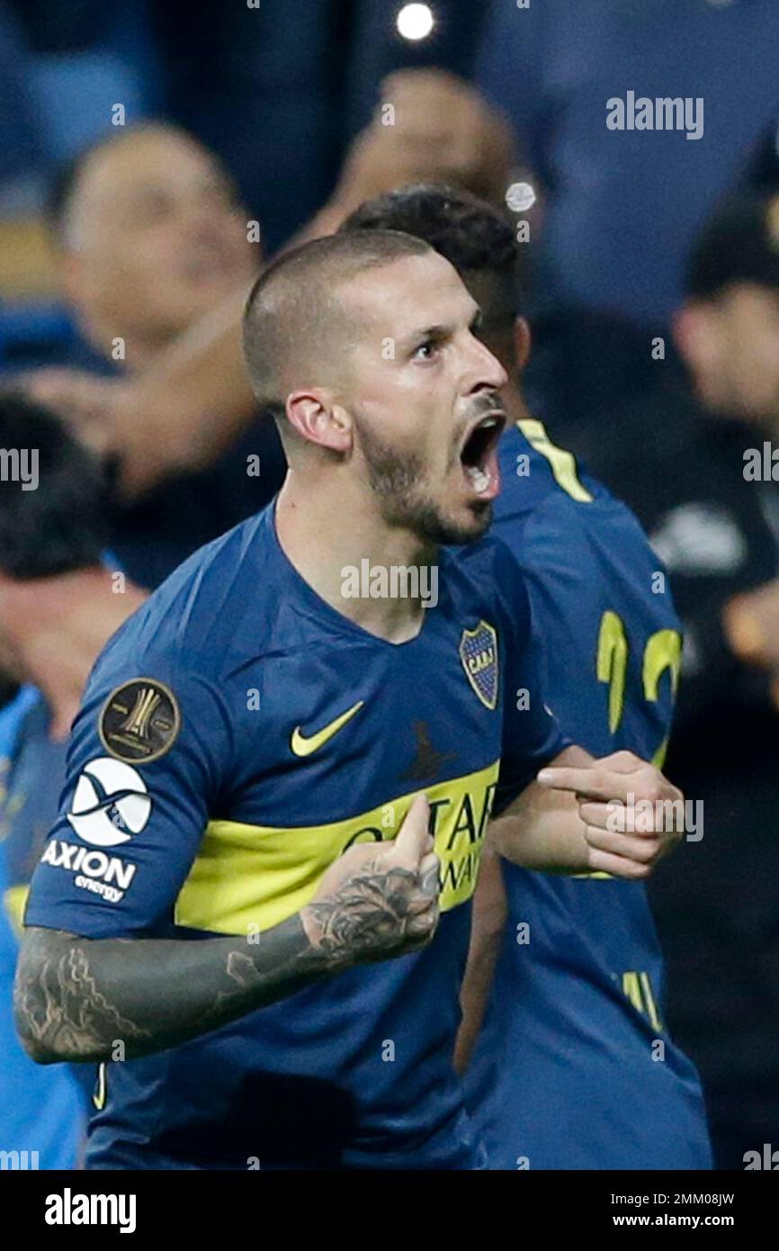 Dario Benedetto of Argentina's Boca Juniors celebrates scoring his side ...