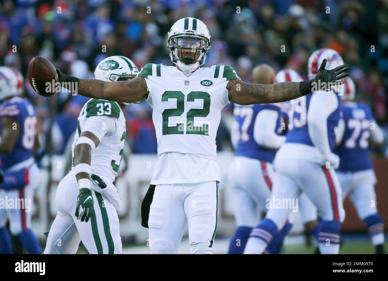 New York Jets cornerback Trumaine Johnson celebrates his interception ...