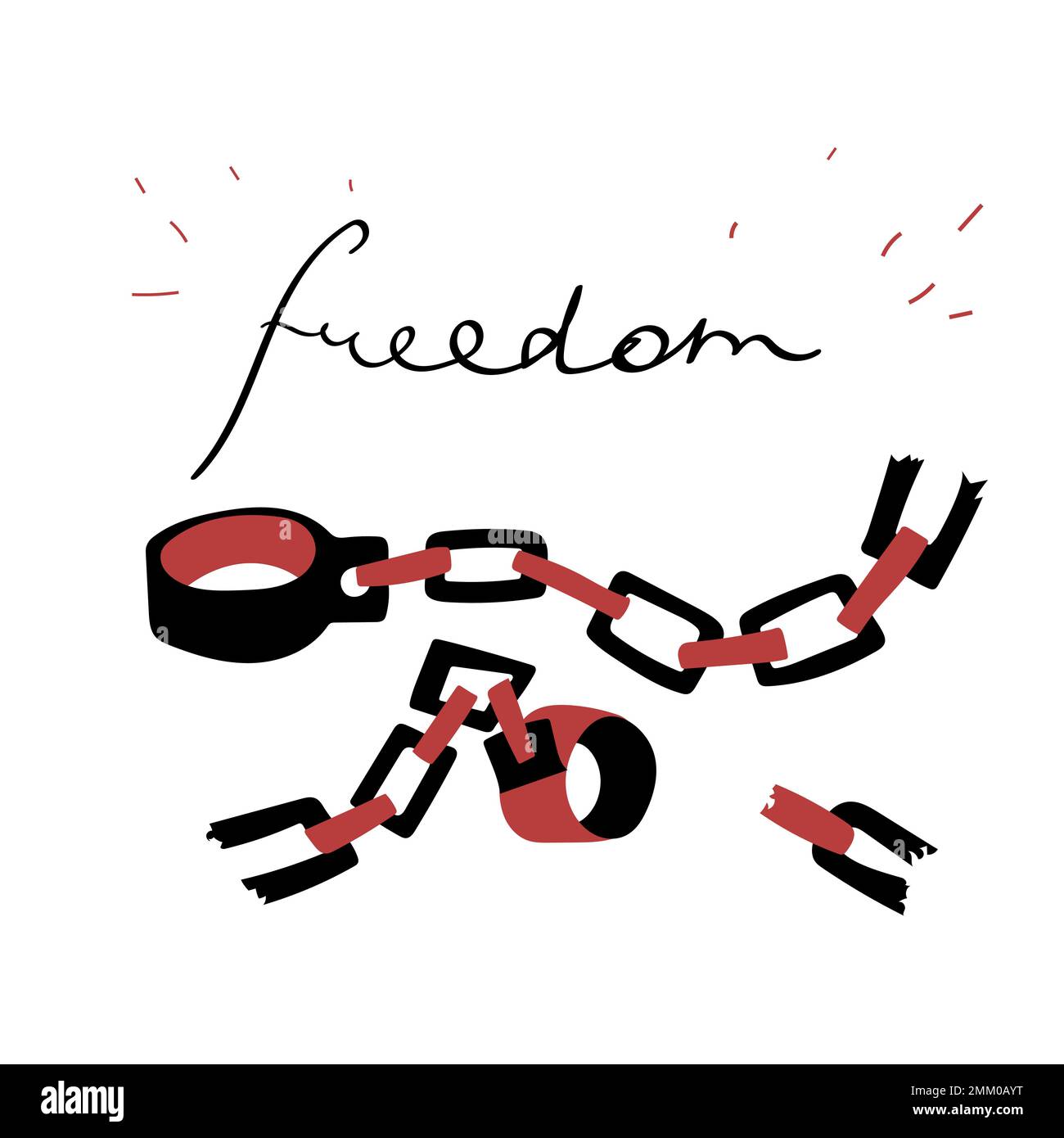 Broken handcuffs and lettering with rays for freedom. Vector flat ...