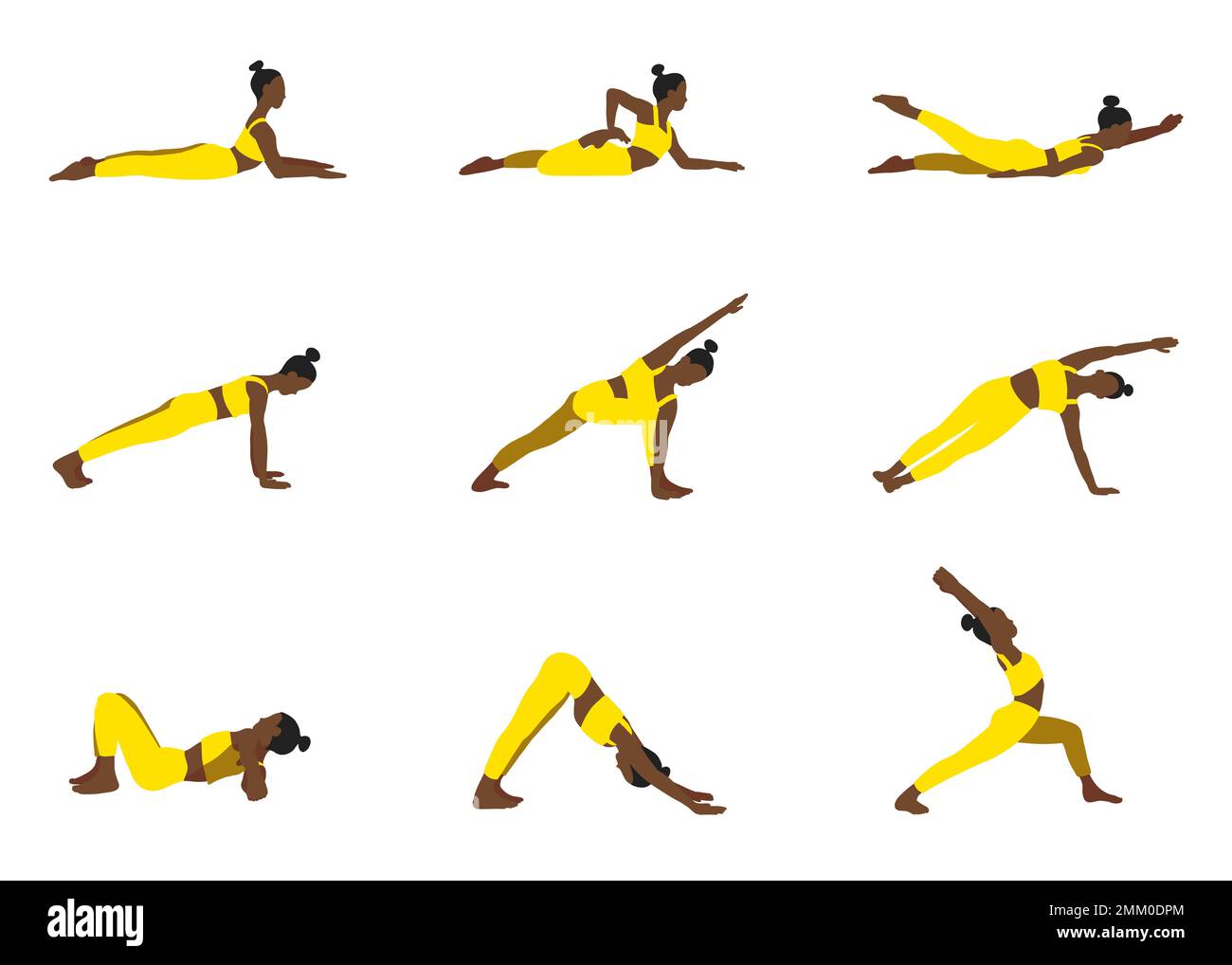 African American cartoon female characters doing yoga poses. Black ...