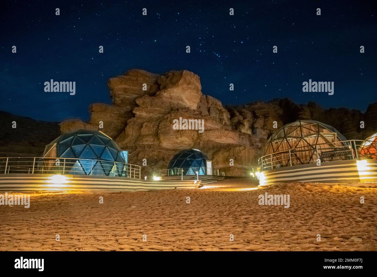 Desert accommodation at night. Photographed in Wadi Rum, Jordan Stock ...