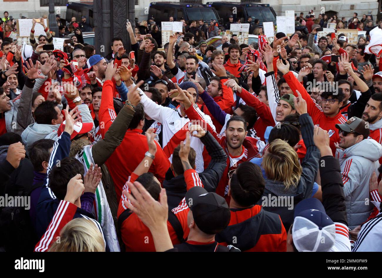 River Plate supporters cheer during a gathering at the Puerta del Sol ...