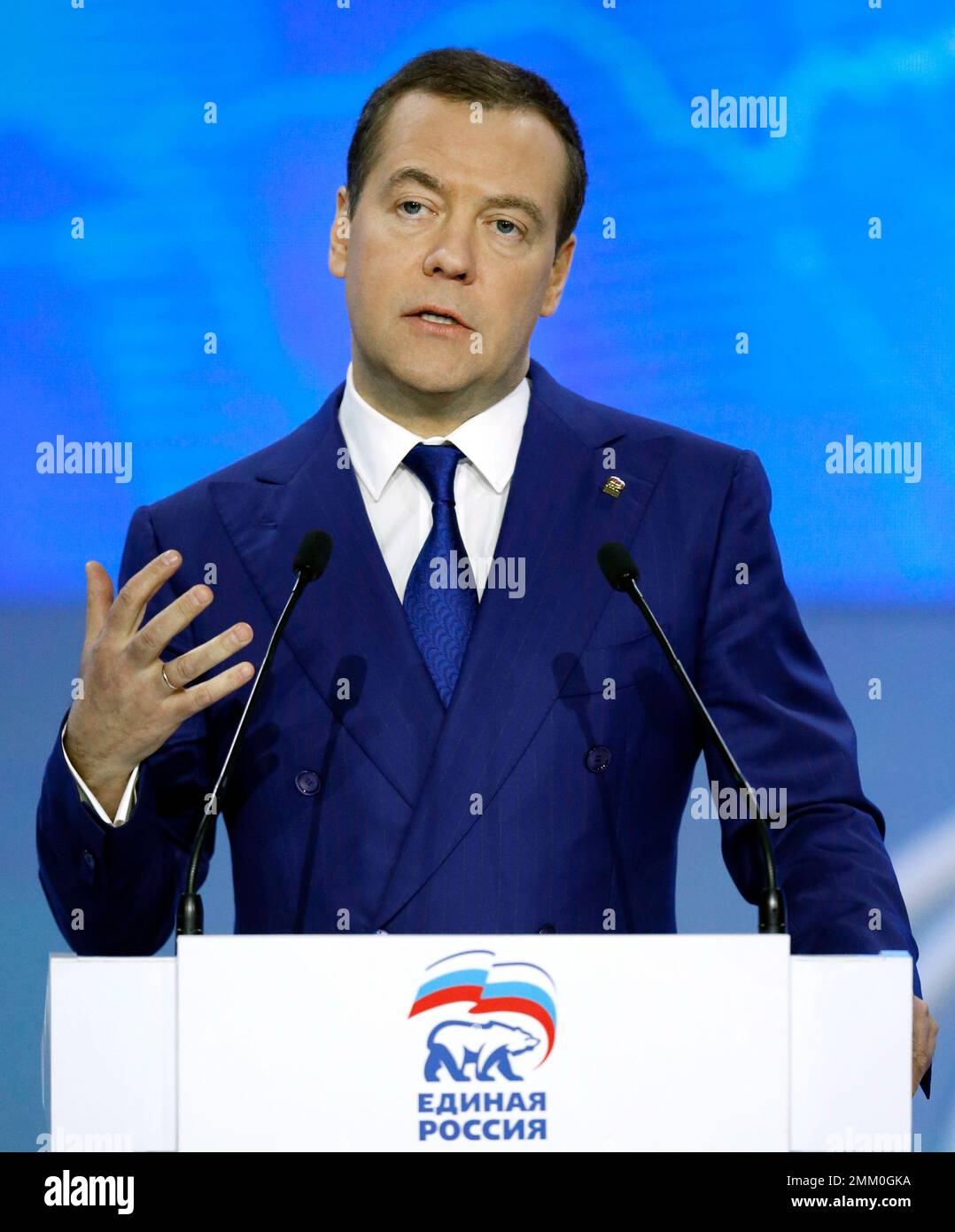Russian Prime Minister Dmitry Medvedev gestures as he speaks during the ...