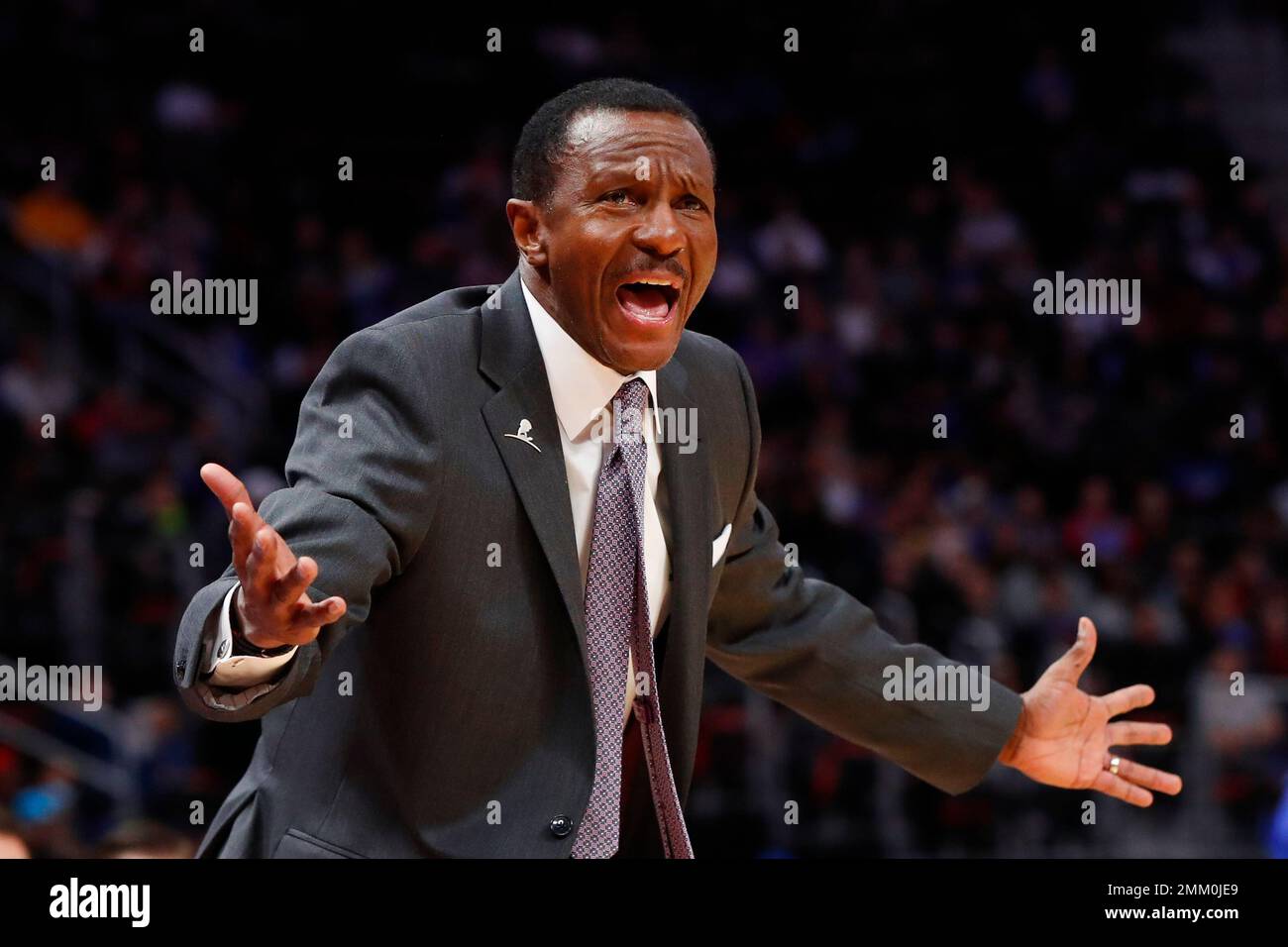 Detroit Pistons head coach Dwane Casey argues a call in the first half ...
