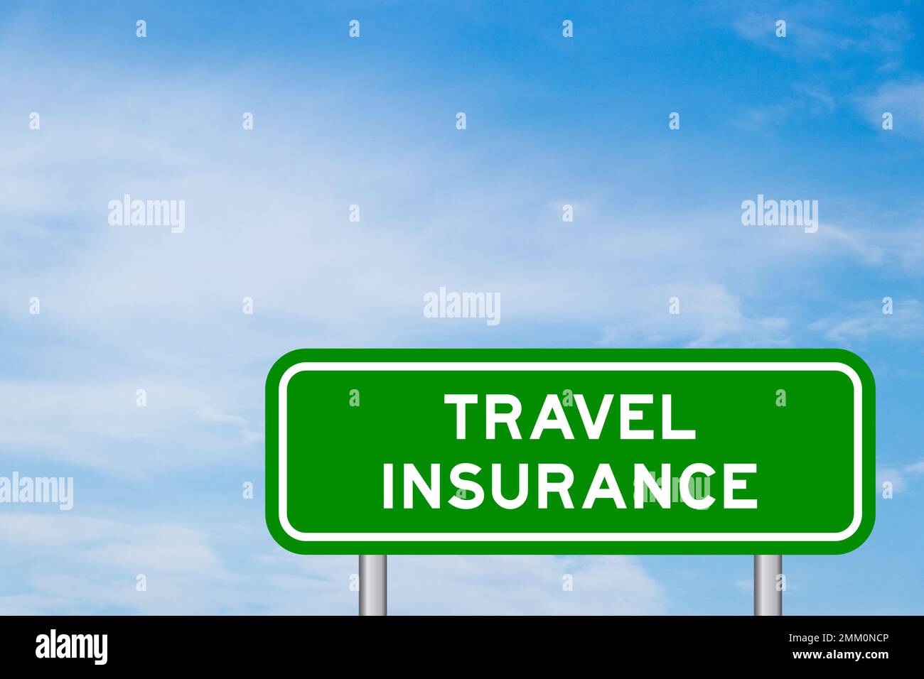 Green color transportation sign with word travel insurance on blue sky ...