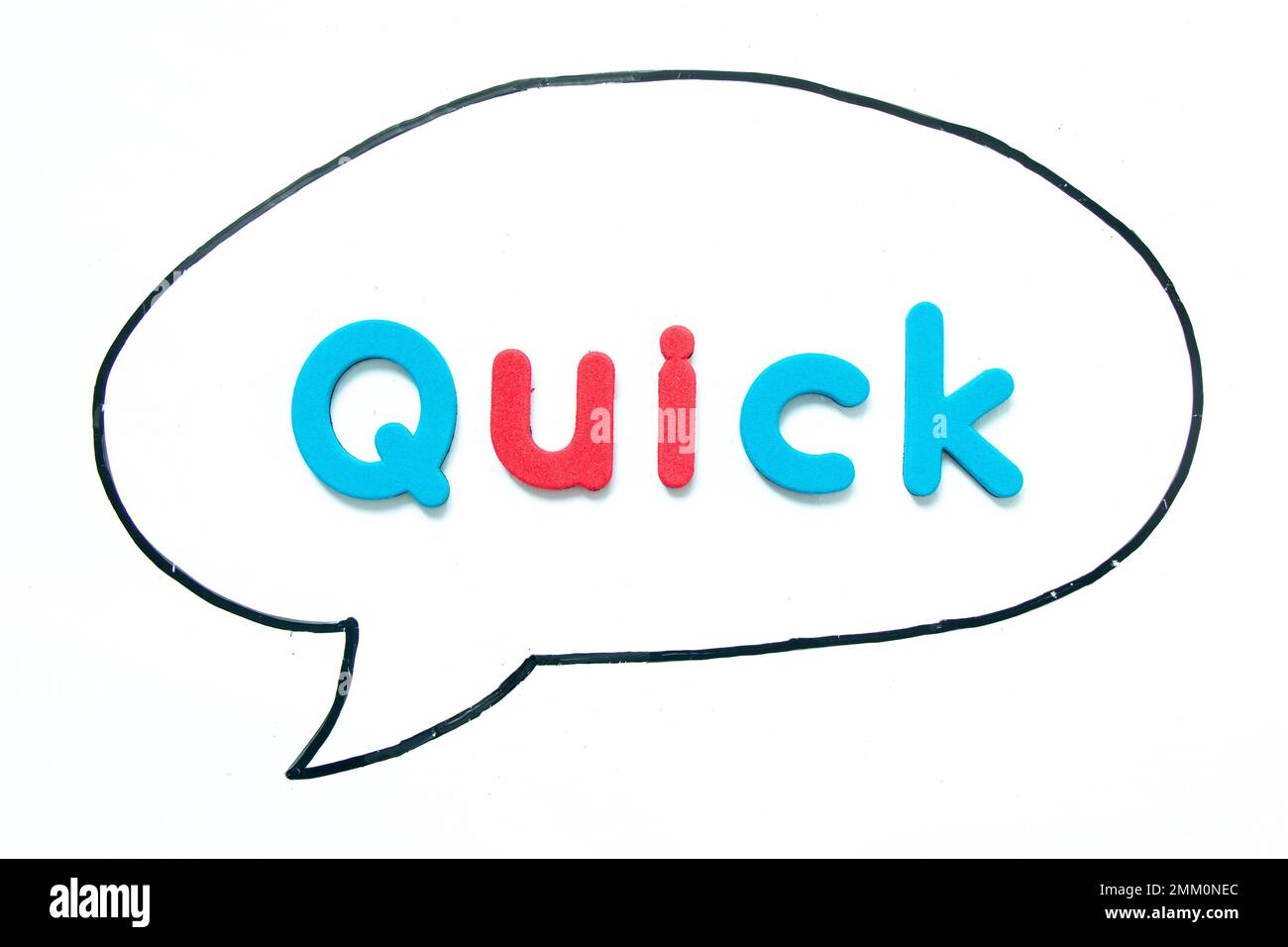 Alphabet letter with word quick in black line hand drawing as bubble speech on white board ...