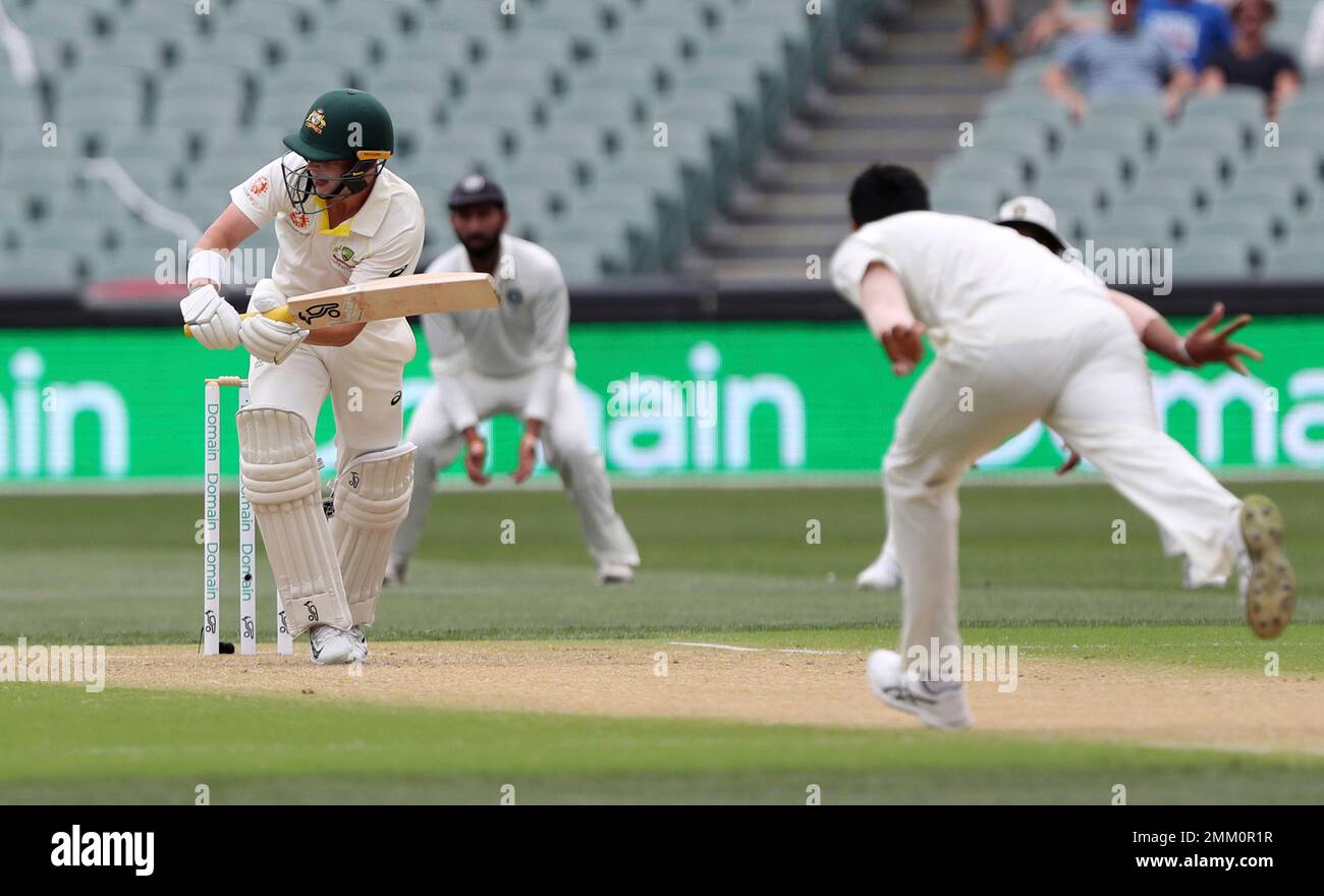 Australia's Marcus Harris watches as he plays a shot during the first ...