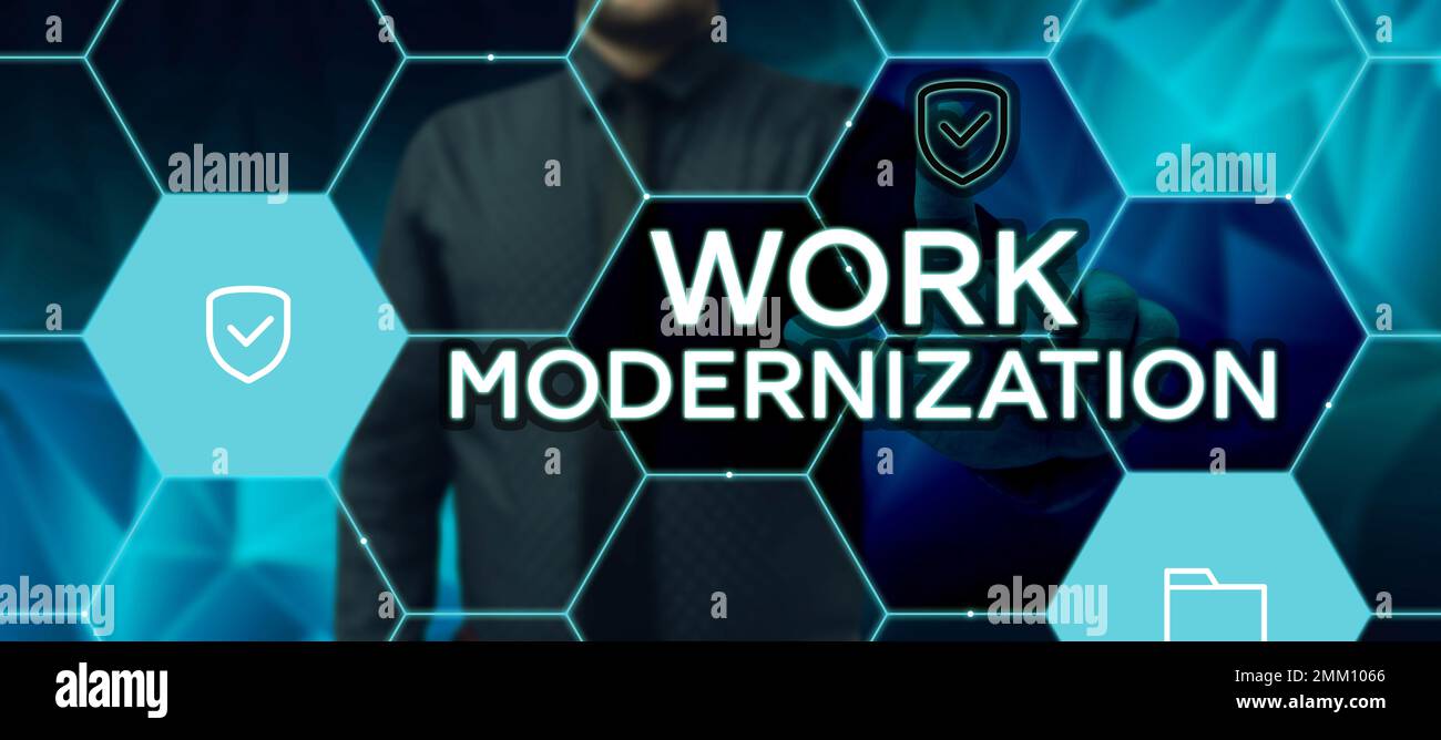 Conceptual display Work Modernization. Concept meaning changing product service and process to ...