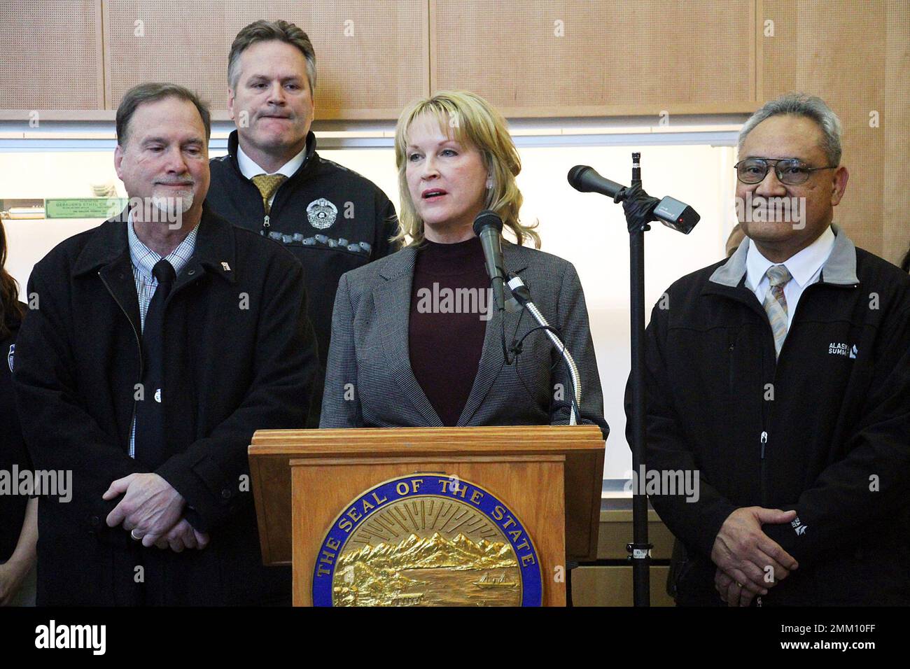Nancy Dahlstrom, center, Alaska's new corrections commissioner, speaks ...