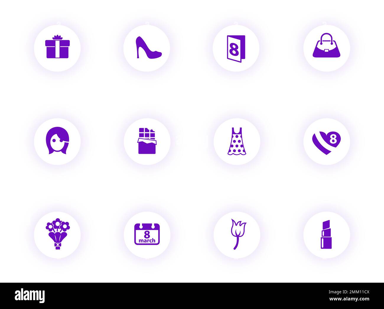 8 march purple color vector icons on light round buttons Stock Vector ...