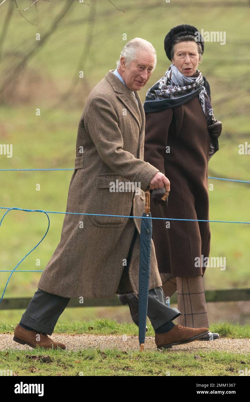 King Charles III and the Princess Royal arrive to attend a church ...