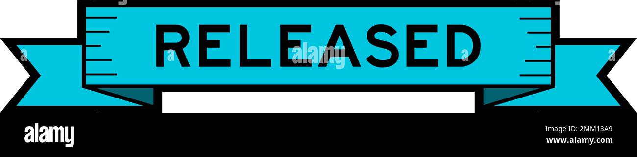 Blue color ribbon label banner with word released on white background ...