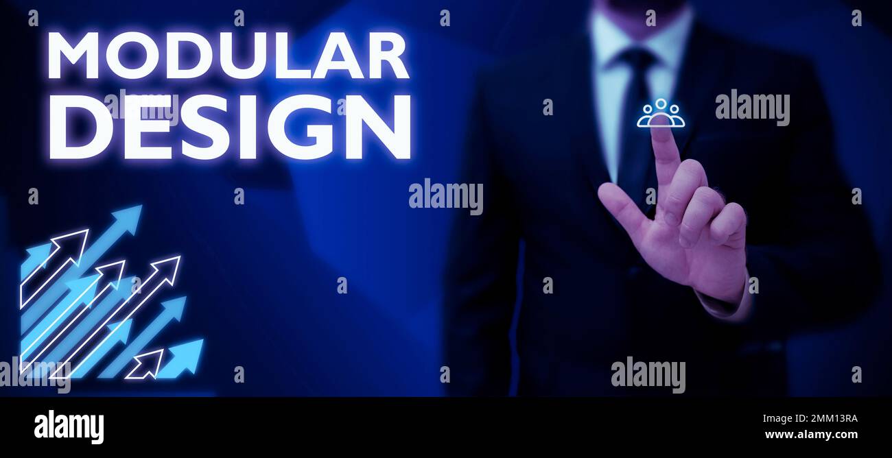Text caption presenting Modular Design. Concept meaning product designing to produce product by ...