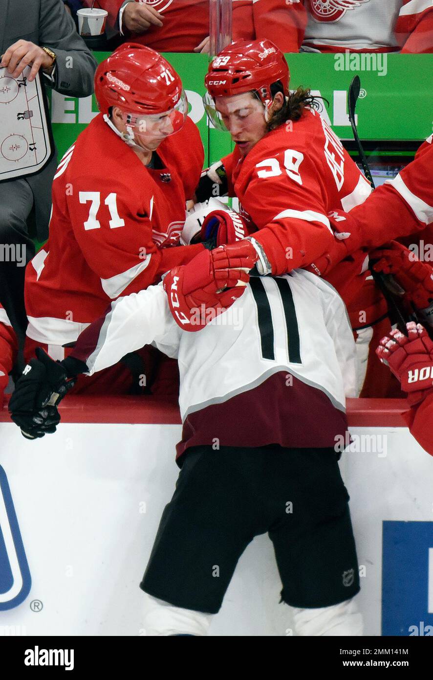 From left, Detroit Red Wings' Dylan Larkin (71) and Tyler Bertuzzi (59 ...