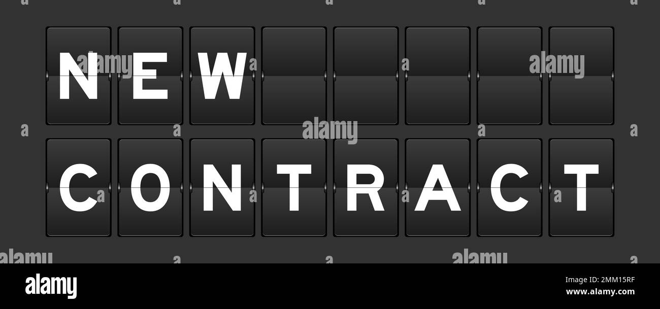 Black color analog flip board with word new contract on gray background ...