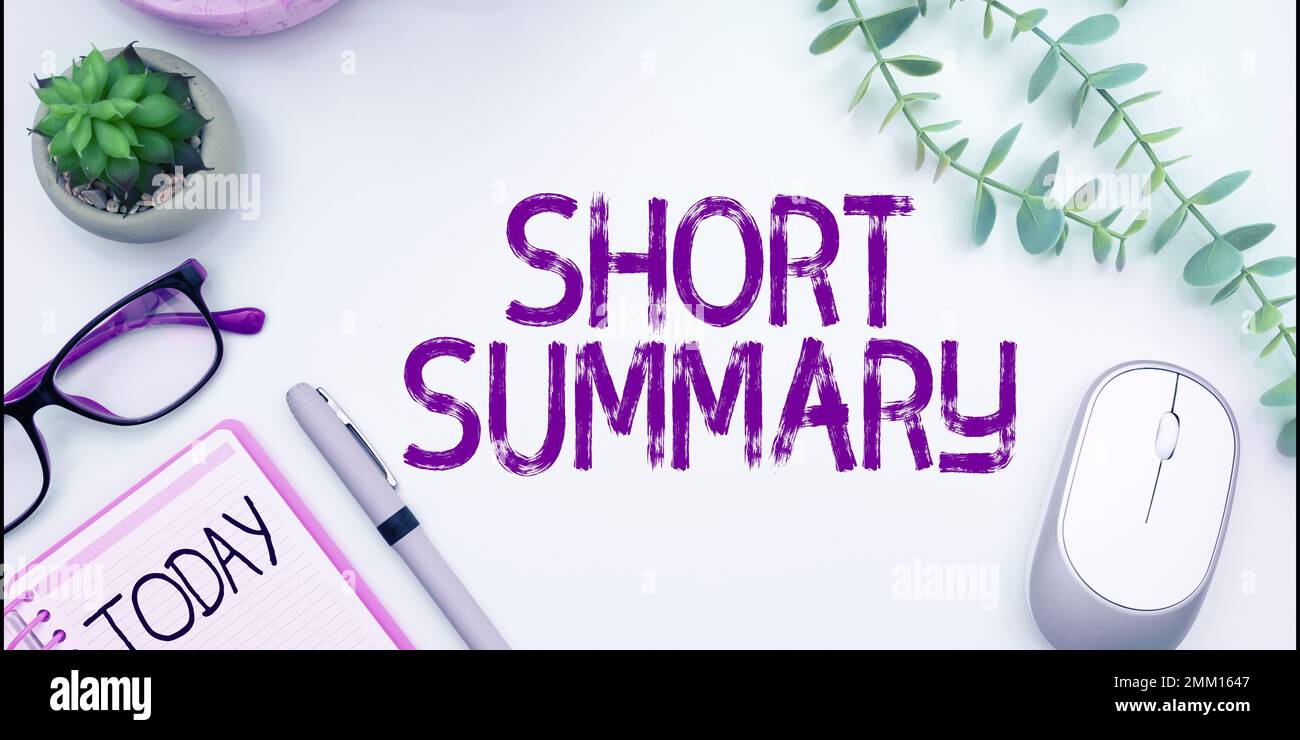 Hand writing sign Short Summary. Concept meaning Brief statement of ...