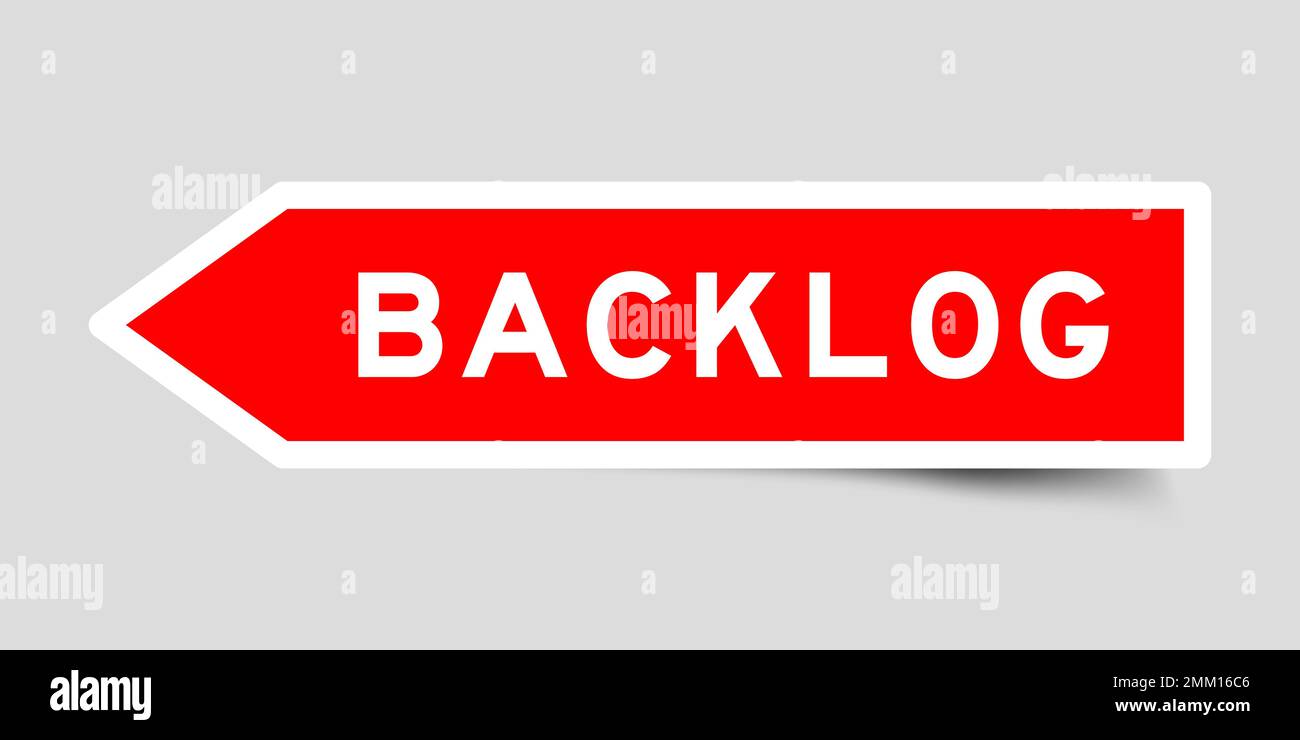 Red color arrow shape sticker label with word backlog on gray ...