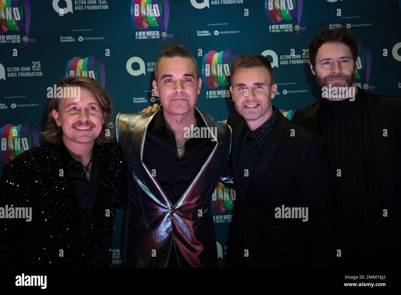Take That band members, from left, Mark Owen, Robbie Williams, Gary ...